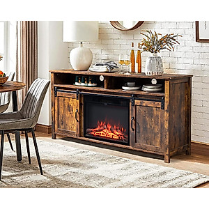 VINGLI Fireplace TV Stand for TVs Up to 65 Inch, Farmhouse Entertainment Center with 1500W/23'' Electric Fireplace Insert and Sliding Barn Doors (59'' x 16'' x 29'', Rustic Brown)