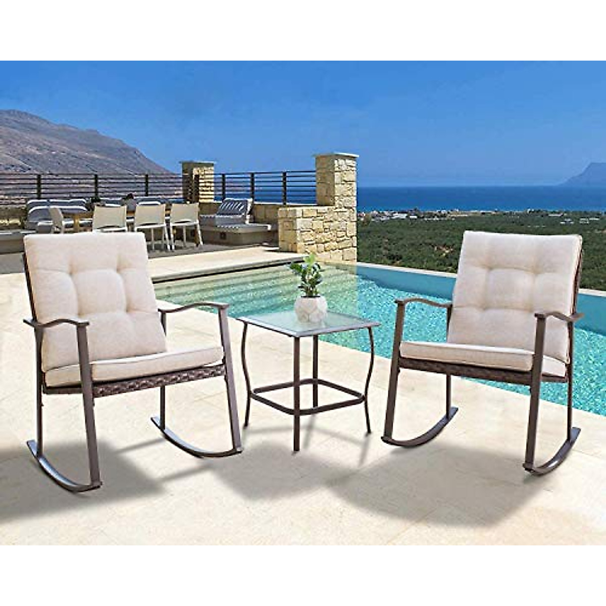 Skiway 3 Piece Outdoor Rocking Chair Set, Patio Brown Wicker Rattan Rocker, Cushioned Bistro Higher Back Rocking Chairs Set of 2 with Glass Table