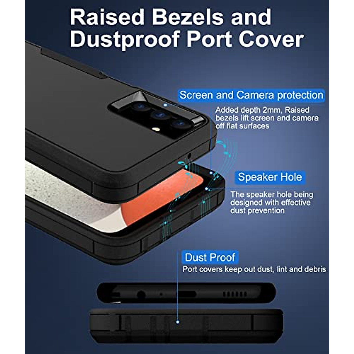 Dahkoiz for Samsung Galaxy A13 5G Phone Case, with Glass Screen Protector, Dust-Proof Port Cover, Magnetic Car Mount Support, Full Body Non-Slip Rubber Covered, Durable & Shockproof, Black/Black