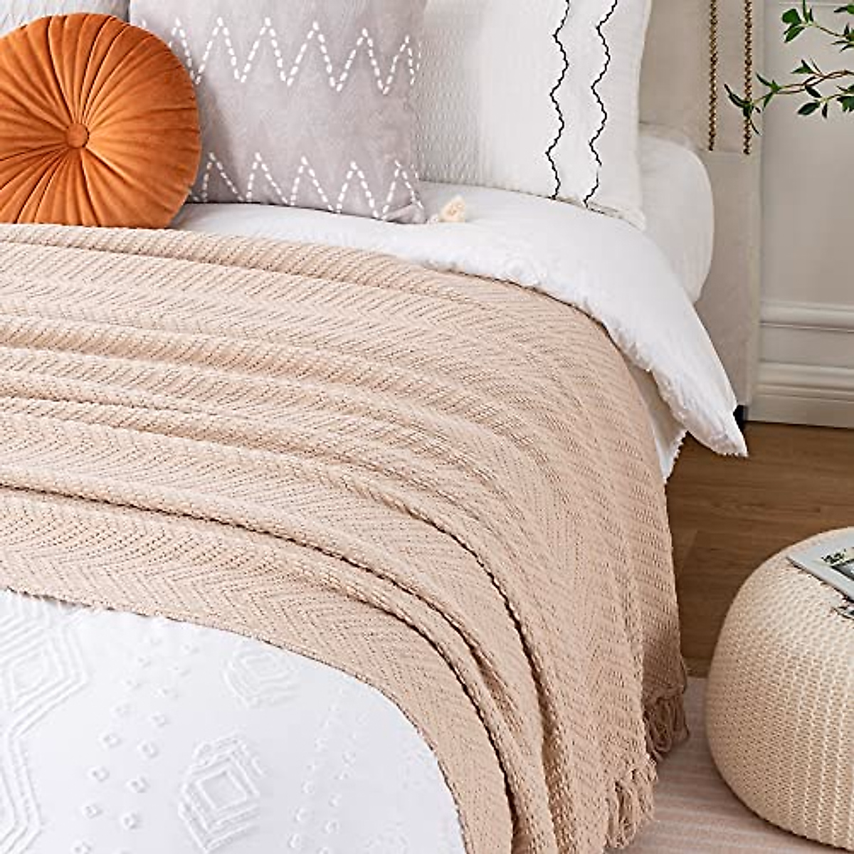 BATTILO HOME Beige Throw Blanket for Couch, Textured Knitted Boho Throw Blanket with Tassels, Couch Cover Blanket Warm Decorative Tan Throw Blanket for Sofa Living Room, 50" x 60"