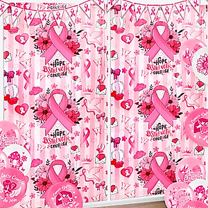 HOWAF Breast Cancer Awareness Foil Fringe Curtains Decoration, 2 Pack 3.2 * 6.5ft Pink Ribbon Photo Booth Backdrop Hope Fight Breast Cancer Streamer Tinsel Curtains for Hope Strength Women Supplies