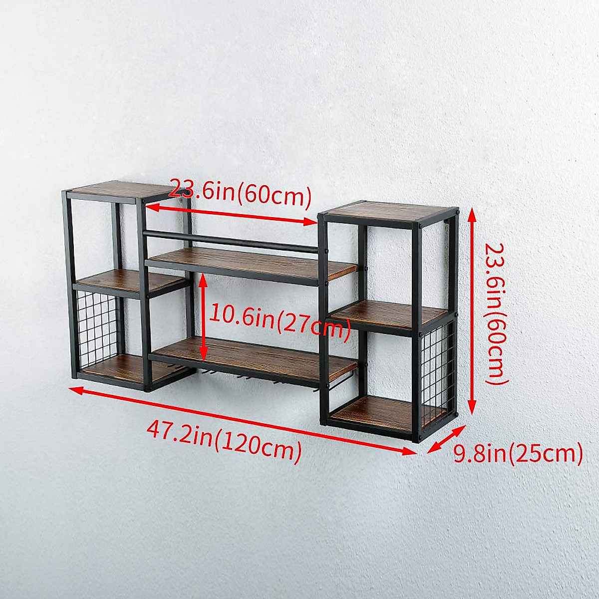 Industrial Hanging Wine Rack Wall Mounted with 5 Stem Glass Holder,47.2in Rustic Wine Glass Rack Wall Mount,Wine Glass Shelf Metal Floating Bar Shelves,Wine Bottle Holder Wall Shelf Wood Shelves