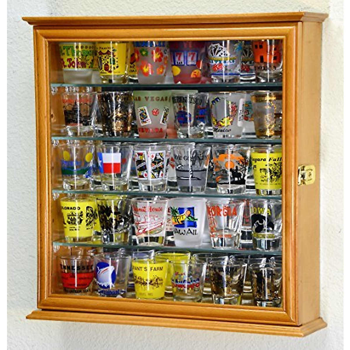 4 Adjustable Shelves Shot Glass Shotglass Shooter Mini Liquor Display Case Cabinet w/Mirror Back -Oak