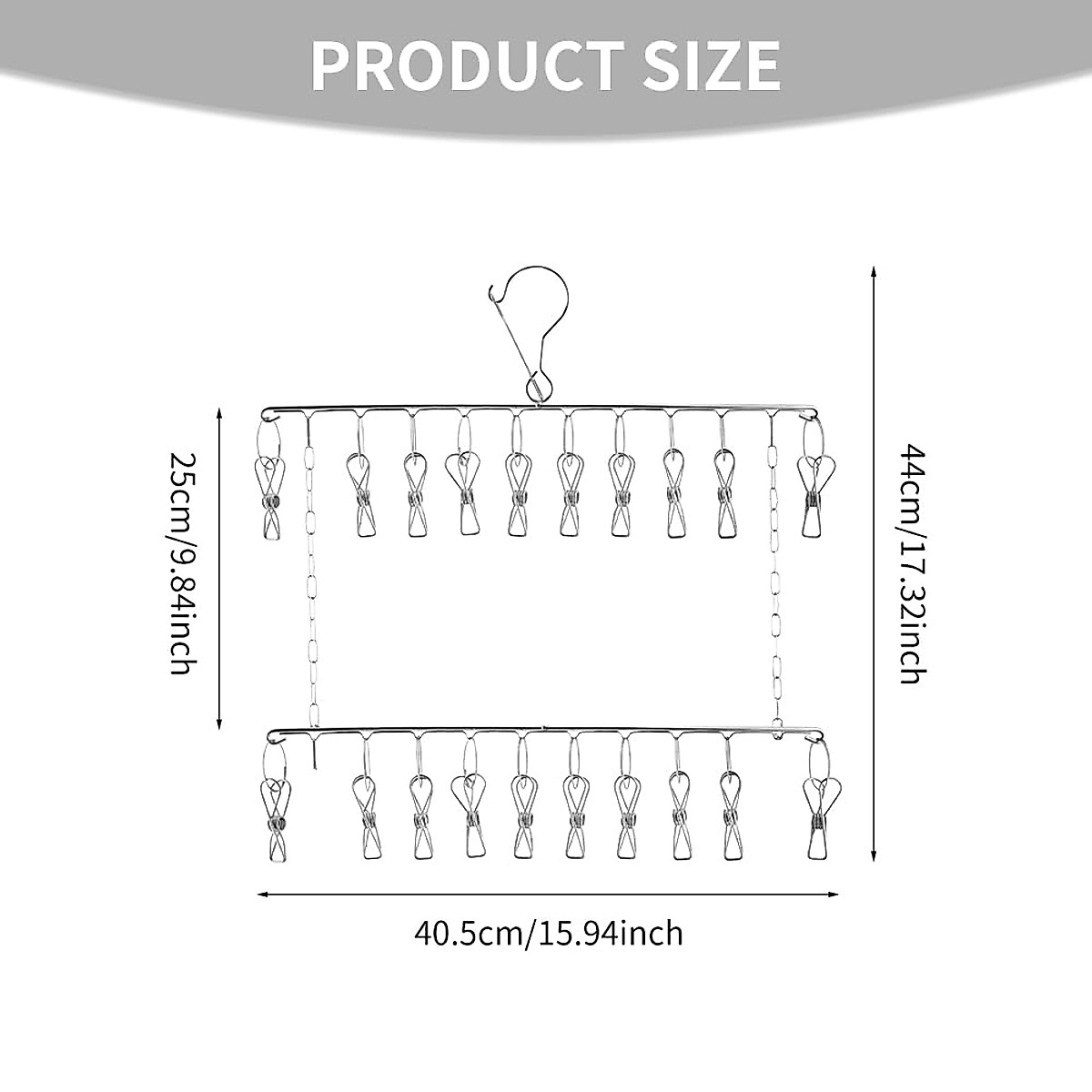 Zenquark Stainless Steel Sock Drying Rack, 2 Layers Swivel Hook Wind-Proof Sock Hanger Rack, Air Drying Rack with 20 Clips for Socks Underwear Knickers Shoe Insoles Baby Clothes Gloves