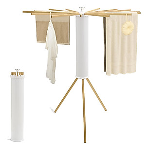 Kroias Tripod Clothes Drying Rack Wooden Drying Rack, Laundry Drying Rack Space Saving Foldable Drying Rack Clothing, Stand Outdoor Folding Portable Drying Rack with 16 Expandable Drying Rods