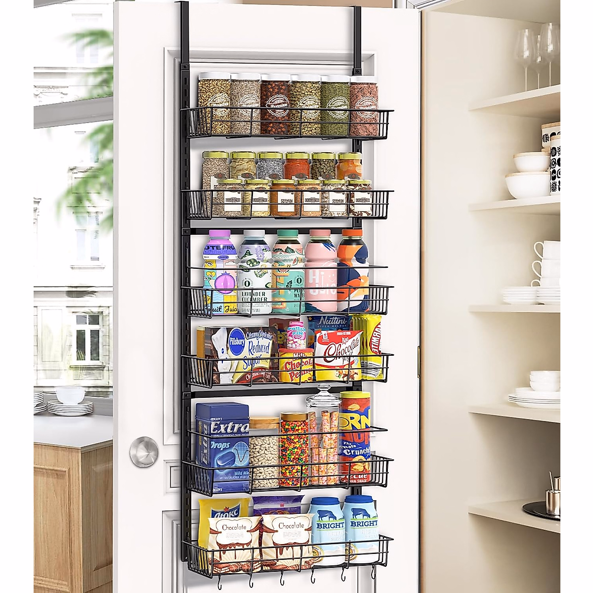 Mefirt Over The Door Pantry Organizer, Pantry Storage and Organization, 6-Tier Adjustable Hanging Baskets, Metal Wall Mount Spice Rack Seasoning Shelves for Home & Kitchen, Laundry Bathroom - Black