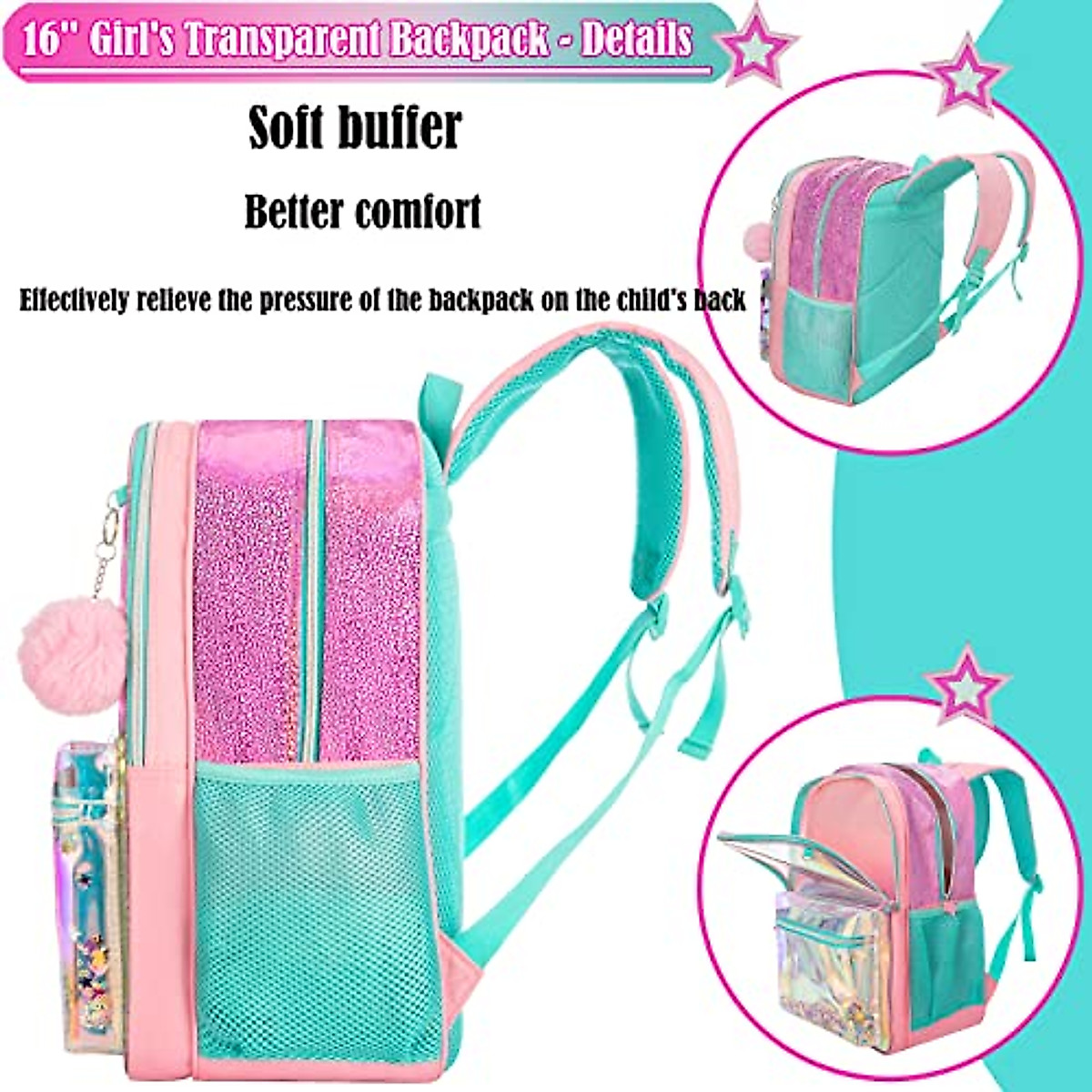 Egchescebo Kids Girls Unicorn Backpacks for Teen High Elementary Middle School Backpack with Lunch Box Back Packs for Girls School 16" 3PCS Black Magic Bags Backpack Lunch Box set