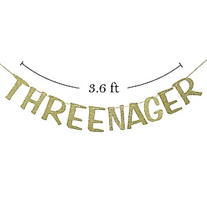 Threenager Banner Hanging Garland for 3rd Birthday Party Photo Prop Party Decoration Sign (Gold Glitter)