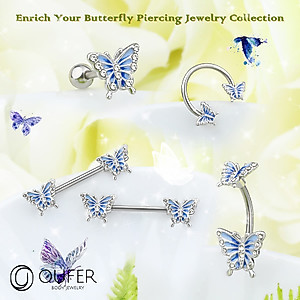 OUFER 16G Helix Earrings, 316L Stainless Steel Tragus Earring Studs, Blue Butterfly Elements Paved Shiny Clear CZ Cartilage Earrings, Flower Helix Piercing Jewelry