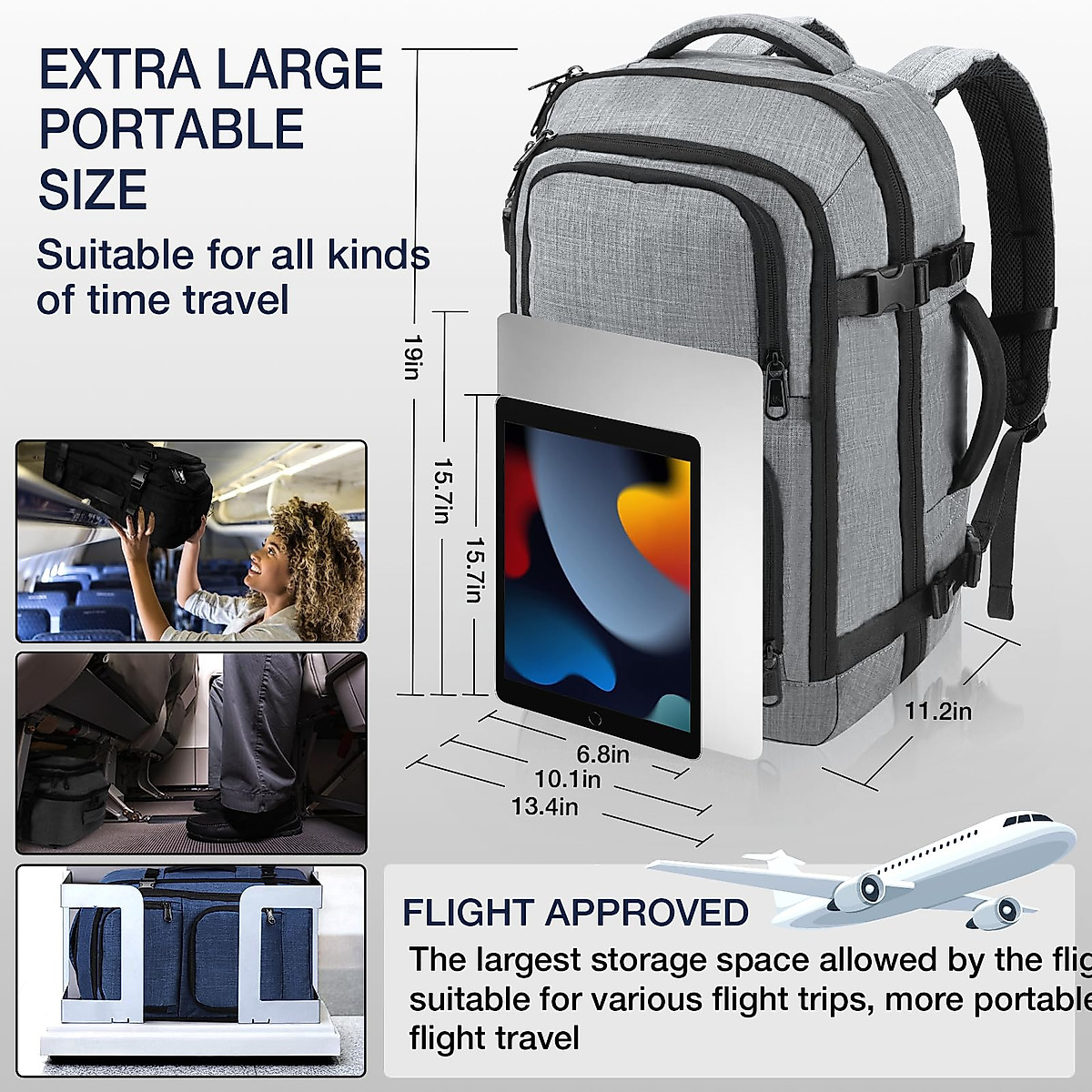 Dinictis 40L Travel Laptop Backpack for Men Women, Fit 17 Inch Notebook, Carry on Flight Approved Suitcase Backpack, Water Resistant Weekender Overnight Daypack, Grey