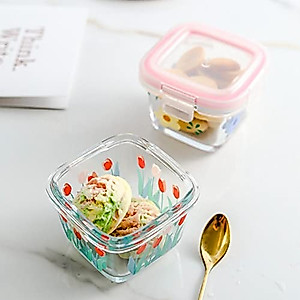 2 Pack 4 OZ Mini Glass Food Storage Containers Portable Small Food Jars with Airtight Lids Leakproof Square Flower Glass Container for Food Portion,Dipping Sauce,Snack,Nut,Yogurt,Freezer Microwave Safe