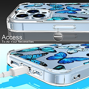 LUHOURI Designed for iPhone 13 Pro Max Case with Screen Protector - Crystal Acrylic Clear for Women and Girls - Slim Fit Protective Phone Cover 6.7" - Floral Blue Butterflies
