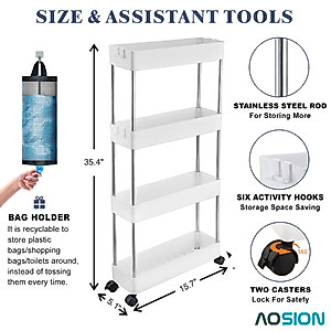 AOSION Slim Storage Cart with Wheels, White, 5.1in Width, 4-Tier Kitchen Storage Organizer, Waterproof and Rust-Proof