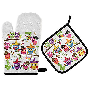 Oven Mitts Set Cinco De Mayo Owl Birds Pot Holders Spring Summer Kitchen Oven Glove Baking Mitts 2PCS Cooking Stove Gloves Potholders Heat Resistance Hot Pads for Grilling BBQ Holiday Decor Gift