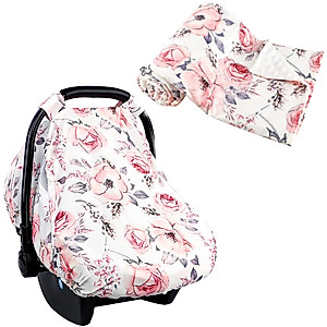 Baby Car Seat Cover & Blanket for Girls, Floral Infant Carseat Canopy, Double Layer Minky Blankets with Dotted Backing, Pink