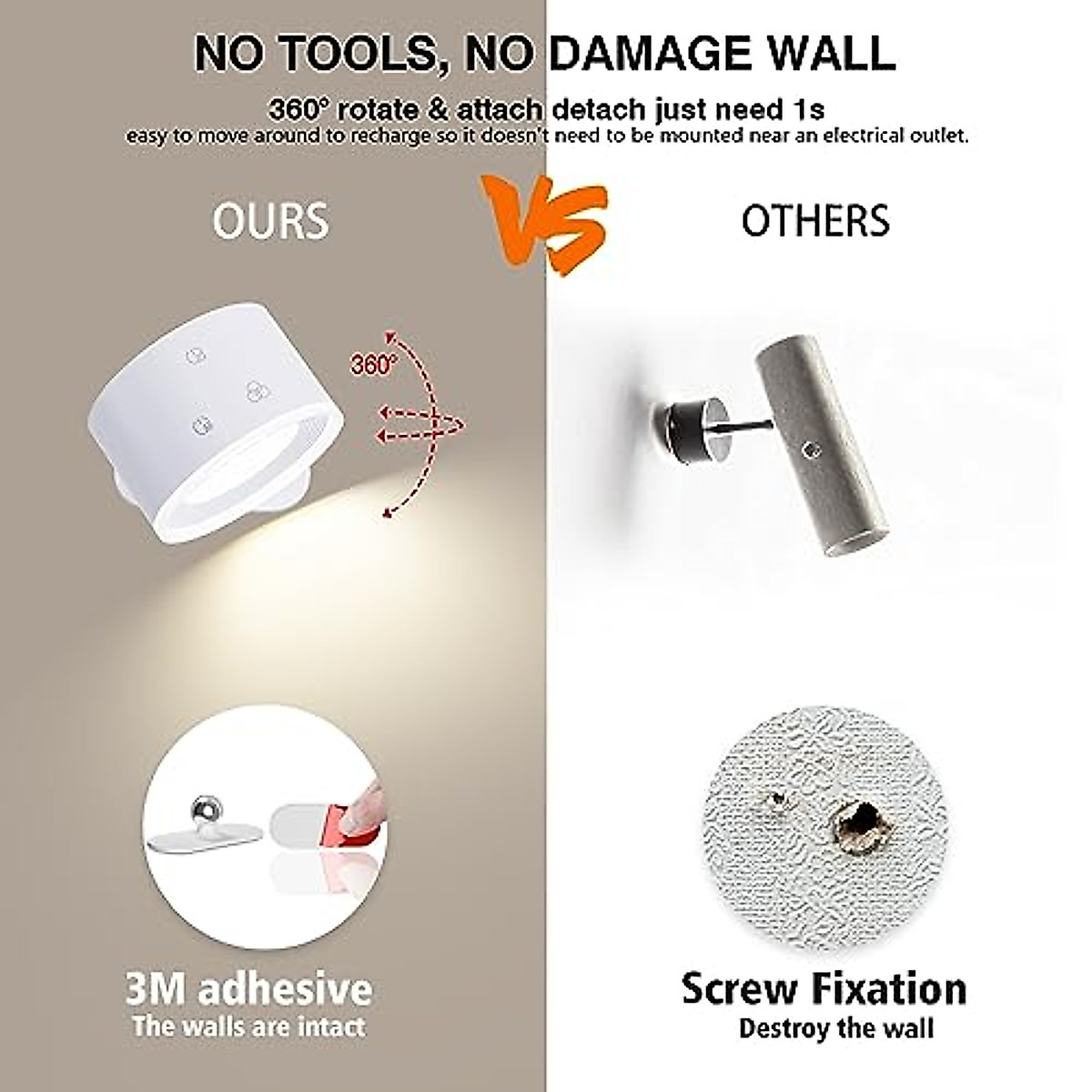 Deyagoo UP&Down Light Source LED Wall Sconce, Wall Mounted Lamps with Battery Operated, 4 Color Temp, Dimming, RGB&Ambience Lights, Removable Charging, Touch&Remote Control, Light for Reading Bedside