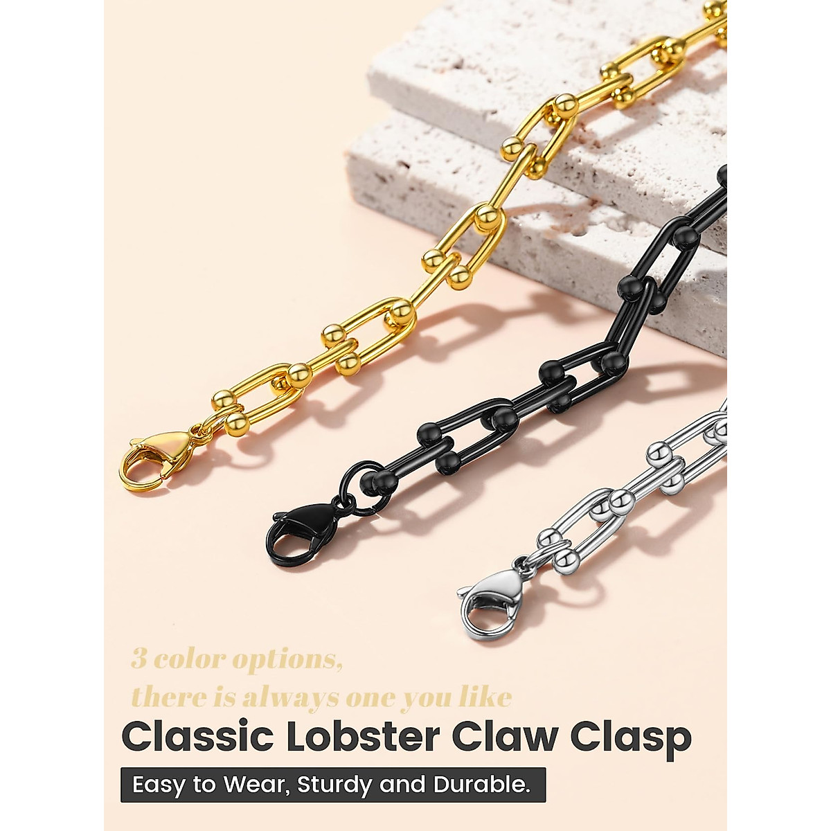 KeyStyle Gold Paperclip Chain Bracelet for Women, 18k Gold U Shaped Link Bracelets for Wife Fiancee, 21cm