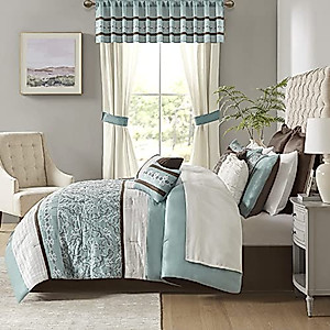 Madison Park Essentials Jelena Room in A Bag Faux Silk Comforter Classic Luxe All Season Down Alternative Bedding, Matching Bedskirt, Curtains, Decorative Pillows, Queen(90"x90"), Seafoam 24 Piece