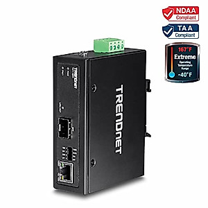 TRENDnet Hardened Industrial 100/1000 Base-T to SFP Media Converter, DIN-Rail and Wall Mount Hardware Included, Multi Or Single Mode Fiber, Power Supply Sold Separately, Black, TI-F11SFP