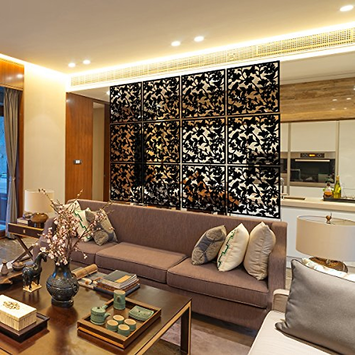 Lchen Hanging Room Divider Panels,12pieces PVC Screen Panels for Home Room Hotel and Bar Decoration(Black01)