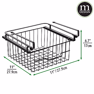 mDesign Compact Hanging Pullout Drawer Basket - Sliding Under Shelf Storage Organizer - Metal Wire - Attaches to Shelving - Easy Install - for Kitchen, Pantry, Cabinet - 2 Pack - Black