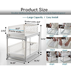 2 Tier Under Sink Organizer White Cabinet Slide Out Food Storage Shelves Vanity Bathroom Under the Sink Pull Out Home organizer with Sliding Baskets Cabinet Spice Rack for Kitchent Desk hegsymum