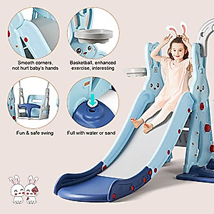 JOYLDIAS 4 in 1 Toddler Slide and Swing Set, Kid Climber Slide Playset w/Safety Belt, Basketball Hoop & Ball, Extra Long Slide, Children Toy Game for Indoor Outdoor Playground Backyard (Blue Rabbit)