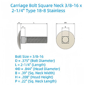 (10pc) Stainless Steel Carriage Bolt (3/8"-16 Coarse Thread x 2-1/4" Length) by SANTIE