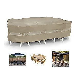 Formosa Covers | Premium Outdoor Patio Table Set Cover with Hole for Umbrella | 120" L x 86" W x 38" H | Weatherguard Material | Taupe