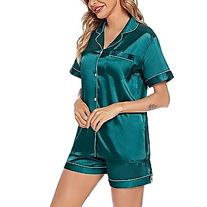 SWOMOG Woman Silk Pajamas Sets Button-Down Satin Loungewear Sleepwear 2 Pieces PJs Sets Cute Bridemide Mightwear Green