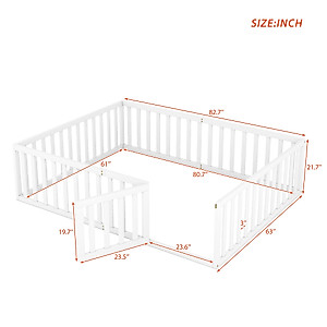 Harper & Bright Designs Queen Floor Bed with Rails, Wood Floor Bed Frame with Fence and Door, for Kids Girls Boys (White)