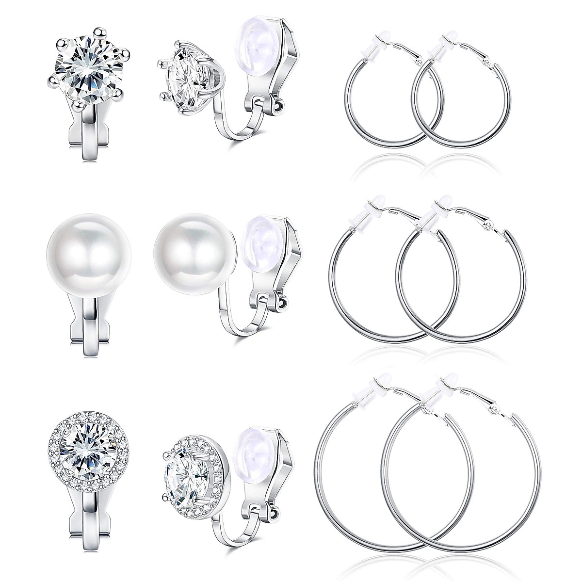 Ubjuliwa 6 Pairs Clip On Earrings for Women Fashion Hoop CZ Pearl Stud Earrings Women Clip On Earrings Set