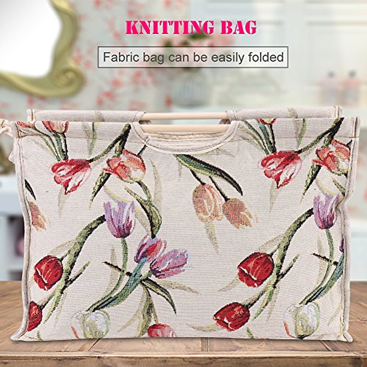 Wood Handles Knitting Bag Travel Yarn Organizer Crochet Bag for Knitting Needles Sewing Tools 16.5x11.8x4.3in(Red Flower)