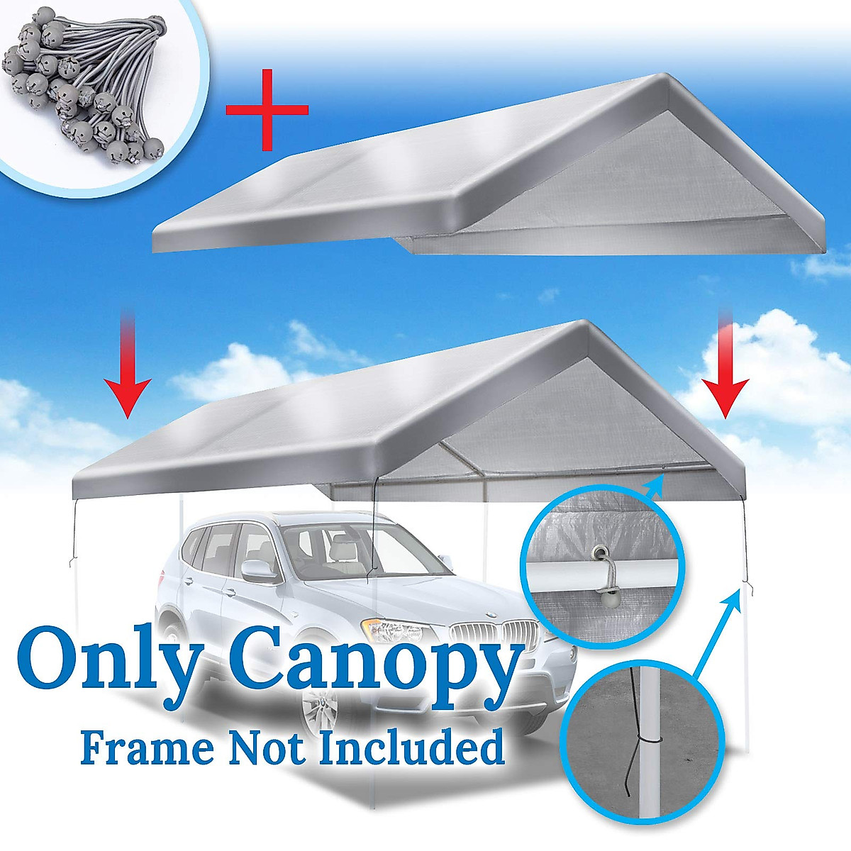 BenefitUSA Canopy ONLY 10'x20' Carport Replacement Canopy Outdoor Tent Garage Top Tarp Shelter Cover w Ball Bungees (Silver)
