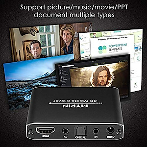 4K Media Player with Power Supply, Digital MP4 Player for 8TB HDD/USB Drive/TF Card/H.265 MP4 PPT MKV AVI Support HDMI/AV/Optical Out and USB Mouse/Keyboard-HDMI up to 7.1 Surround Sound (Black)