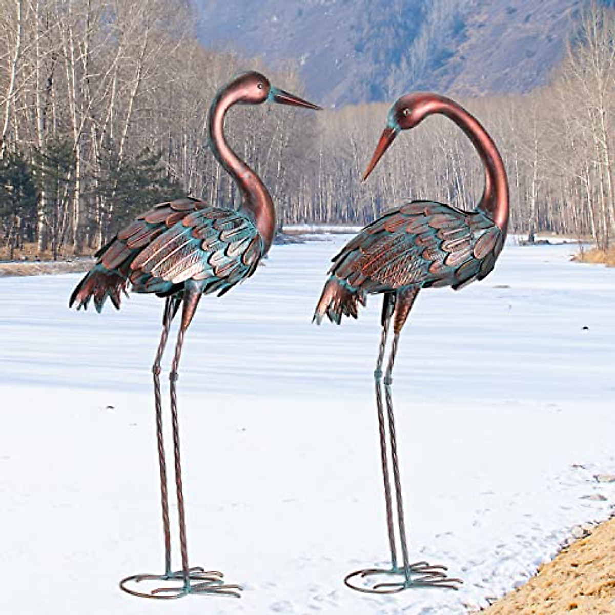 chisheen Crane Garden Statues Outdoor Metal Heron Yard Art Bird Sculpture for Lawn Patio Large Size, Set of 2