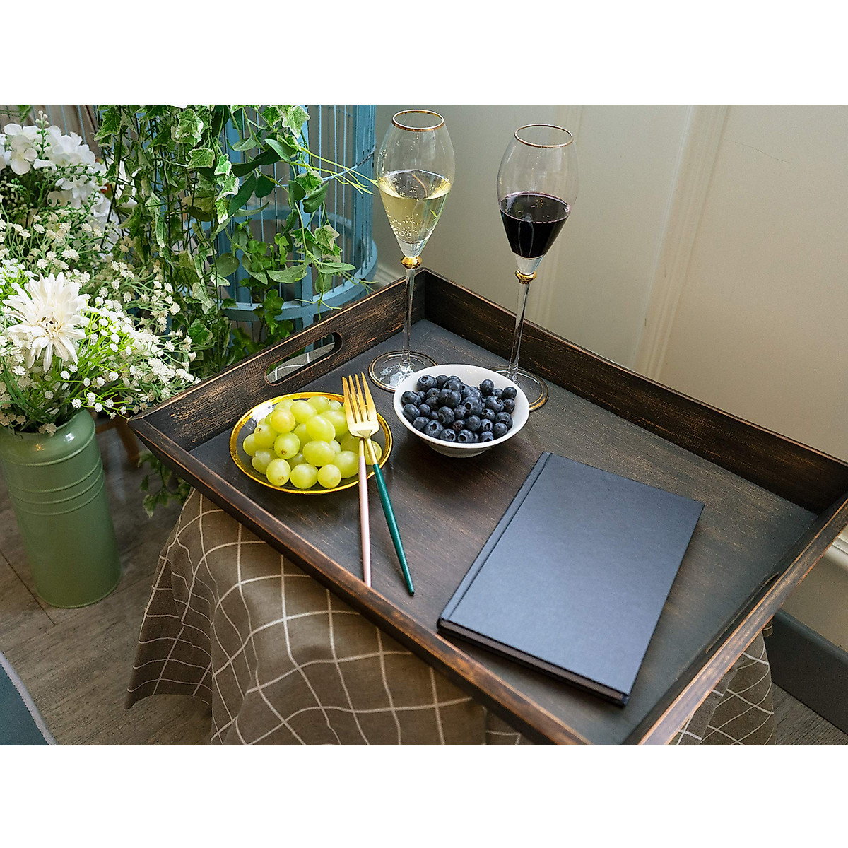 EZDC Extra Large Ottoman Tray, Coffee Table Tray, Wooden Tray Dark Brown 20 x 15.5” Modern Esthetic Decorative Serving Tray with Handles for Drinks and Food