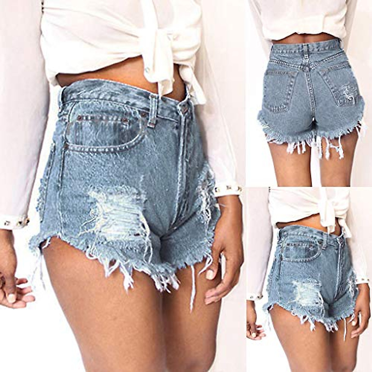 Fashion Slim Shorts,THENLIAN Womens Pocket Hole Jeans Denim Pants Female High Waist Slim Sexy Shorts(XXL, Blue)