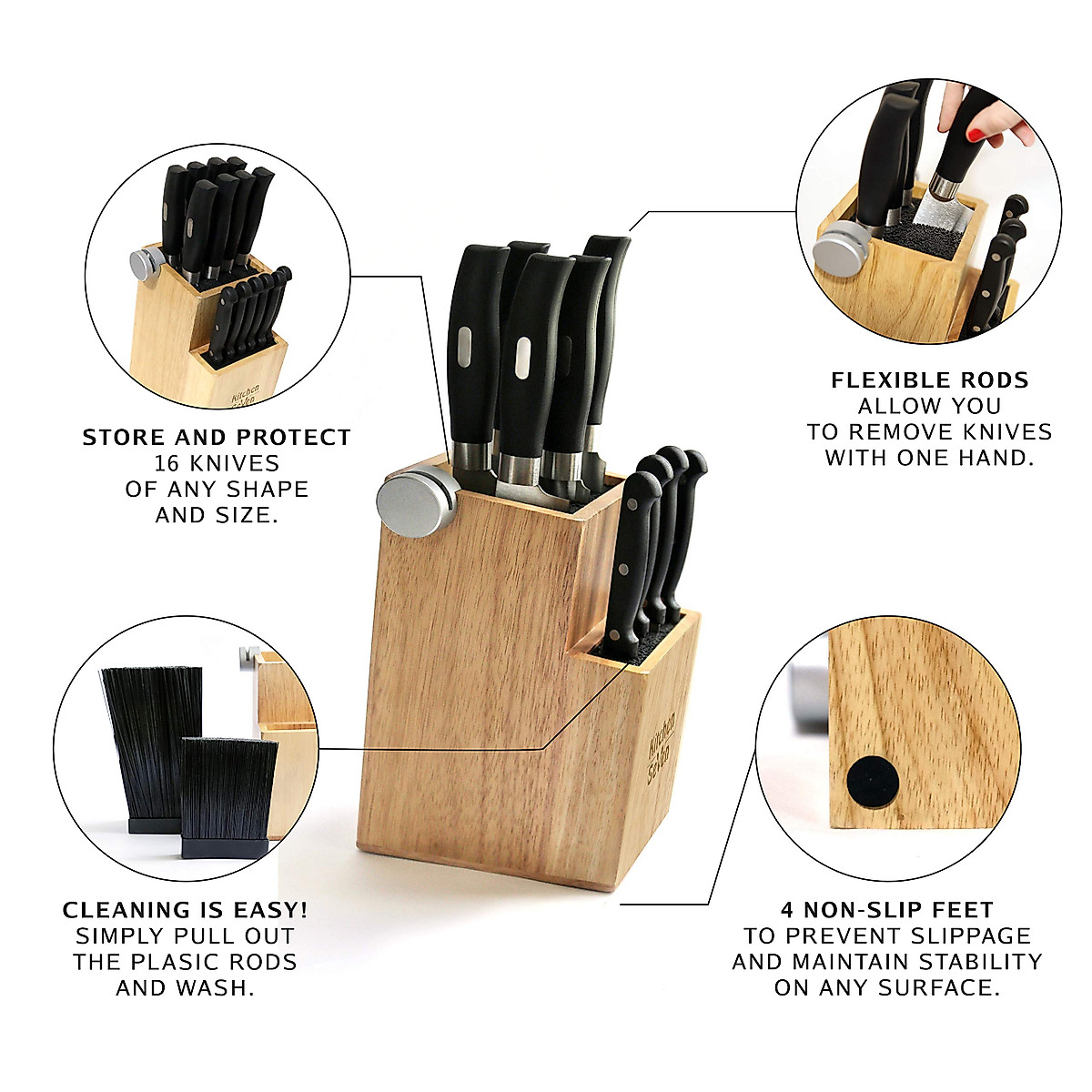 Bamboo Universal Knife Block - Knife Holder with 2 Built-In Knife Sharpeners - 2-Tiered Modern Knife Storage Up to 16 Large and Small Knives Easy Clean Wooden Knife Organizer by Kitchen Seven