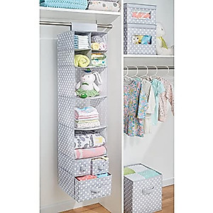 mDesign Soft Fabric Over Closet Rod Hanging Storage Organizer with 7 Shelves and 3 Removable Drawers for Child/Kids Room or Nursery - Polka Dot Pattern - Light Gray with White Dots