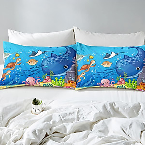 Marine Animals Comforter Set Twin,Shark Octopus Turtle Coral Bedding Set,Underwater World Cartoon Quilt Set 2Pcs for Kids Teens Adults Room Decor,Sea Blue Duvet Insert with 1 Pillowcase