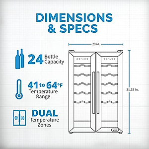 NewAir 24 Bottle Wine French Door Cooler Refrigerator | Freestanding Wine Fridge | Dual Zone, Stainless Steel, Double-Layer Tempered Glass Door, Quiet Compressor | 41F-64F Digital Temperature Control