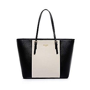 Women's shoulder bag, large capacity vertical zipper open tote bag, women's handbag (Black with white)