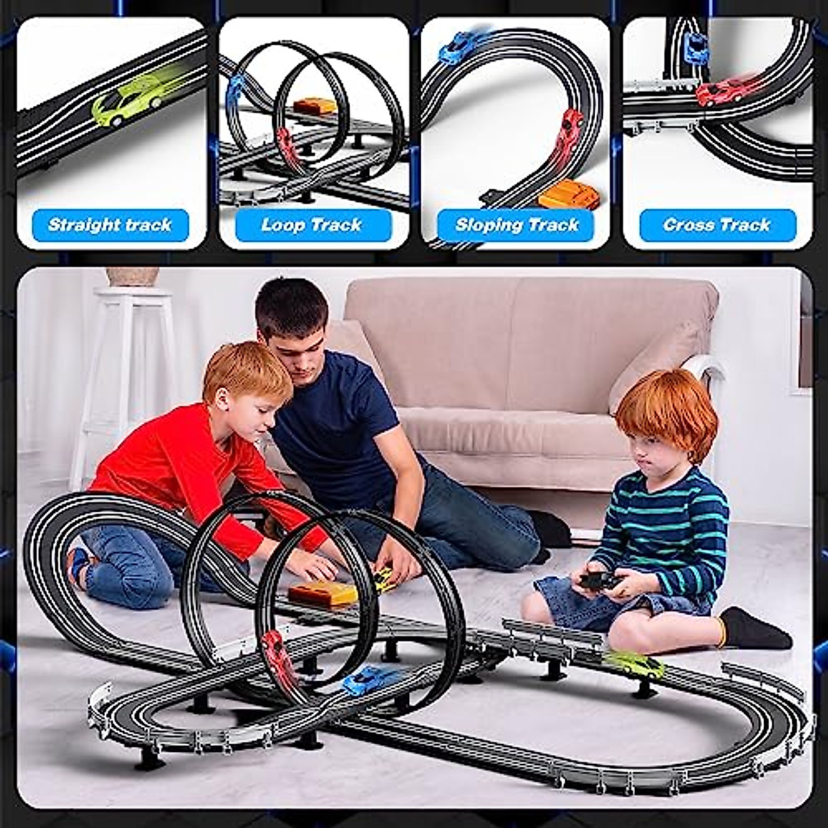 Slot Car Race Track Sets for Boys Kids,Battery or Electric Race Car Track with 4 High-Speed Slot Cars and 2 Hand Controllers,Dual Racing Game Lap Counter Circular Overpass Track Toys Age 6 7 8-12