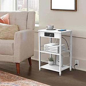 NOVIMANGO Nightstand with Charging Station End Tables White Side Table with USB Ports & Outlets Small Bedside Table with 3 Tier Storage Night Stand Table in Bedroom Living Room Dorm Office