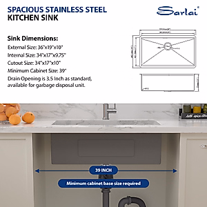 Sarlai 36 Inch Undermount Kitchen Sink Workstation Single Bowl 16 Gauge Stainless Steel Under Counter Kitchen Sinks Large Basin with Round Corners 36x19x10 In