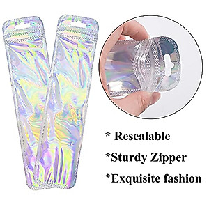 Resealable Foil Ziplock Bags 50 PACK Aluminum Foil Bags Long Jewelery Plastic Bags For Pen Lip Eyelash Jewelry Necklace Long Packaging Holographic Rainbow Color
