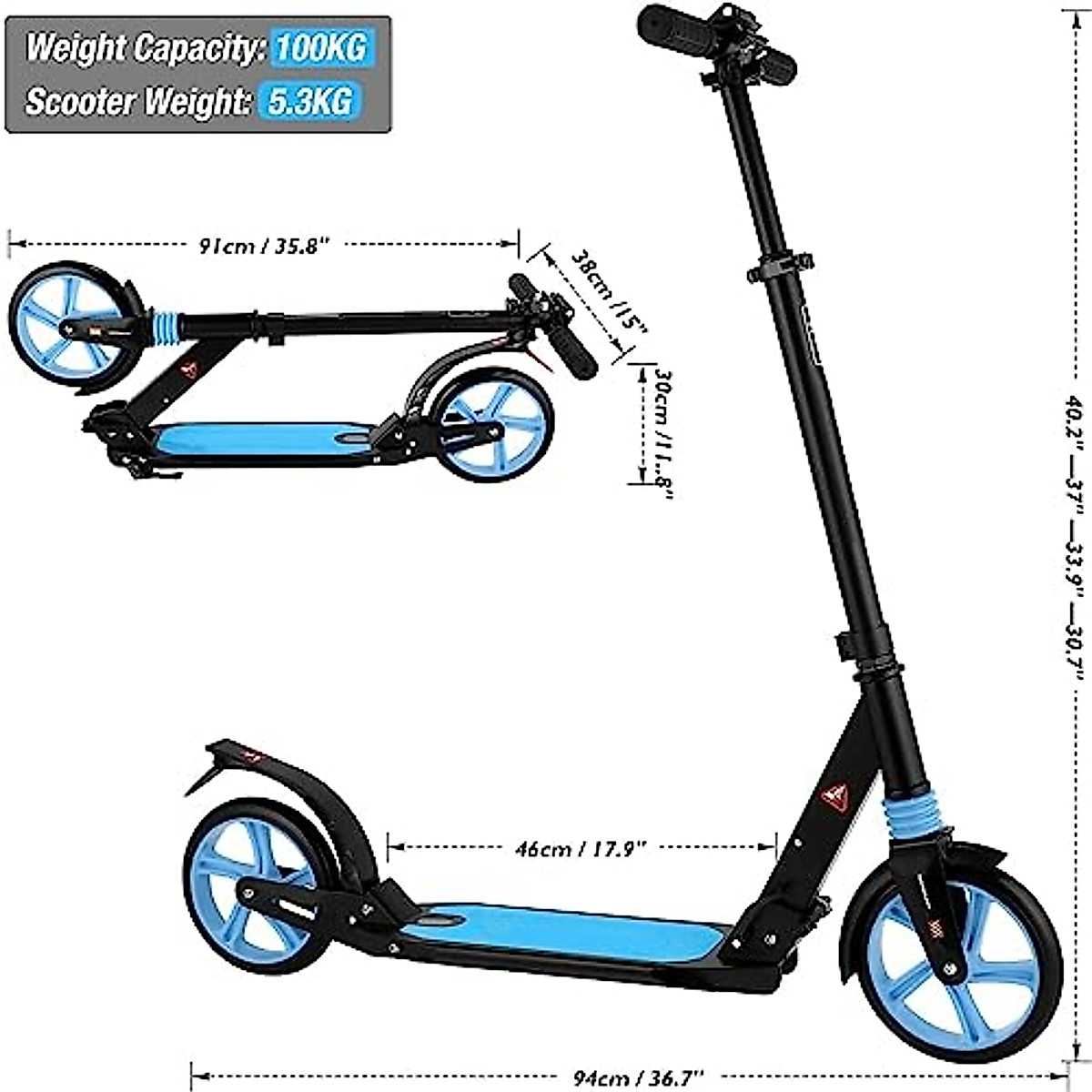 Scooter for Kids Ages 8-12, Folding Scooter for Teens/Adults with 4 Adjustment Levels, Big 8" Wheels Scooter with Anti-Shock Suspension and Carry Strap, Adult Scooter up to 220lbs, Azure