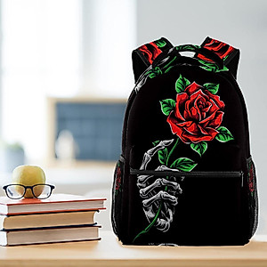 Niaocpwy Skeleton Hand Holding Red Rose School Backpack Medium Size, Travel Bag For Women Girls Men Boys Teens