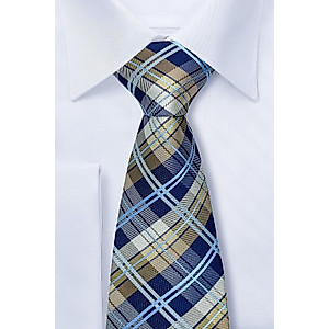 Retreez Elegant Plaid Check Woven Microfiber Men's Tie - Navy Blue and Khaki